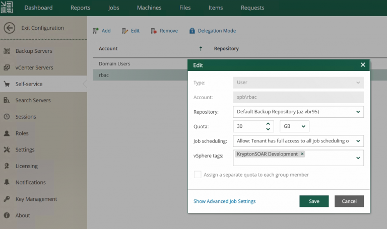 Setting up vSphere RBAC for self-service backup portal