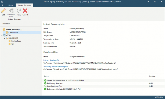Recuperaciones instantáneas de SQL y Oracle con Veeam
